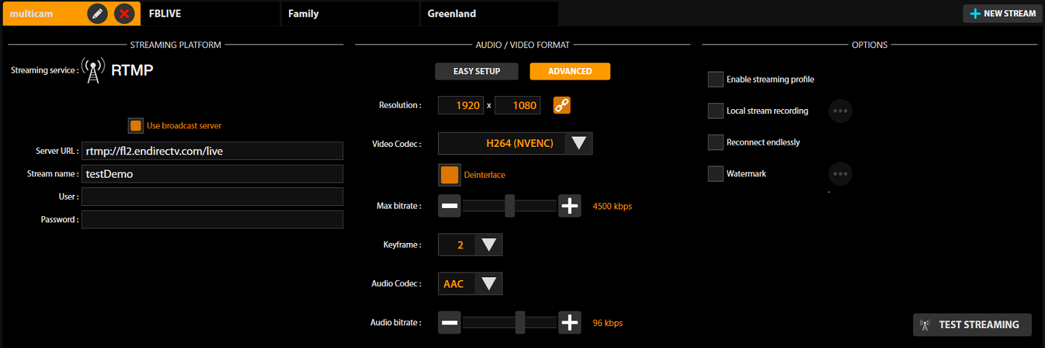 Configuration du Live Streaming